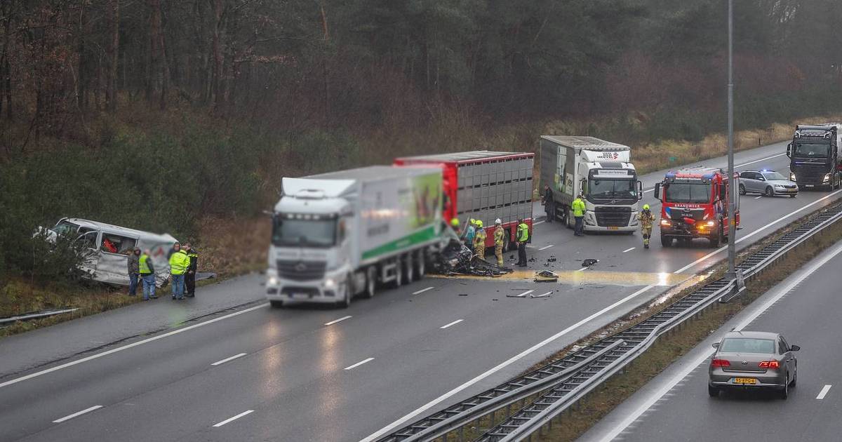 Dode door ernstig ongeluk op A50, personenauto klem tussen twee vrachtwagens | Binnenland | bd.nl