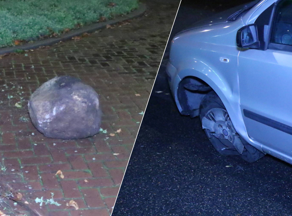 Automobilist knalt tegen grote steen en laat beschadigde wagen daarna ...