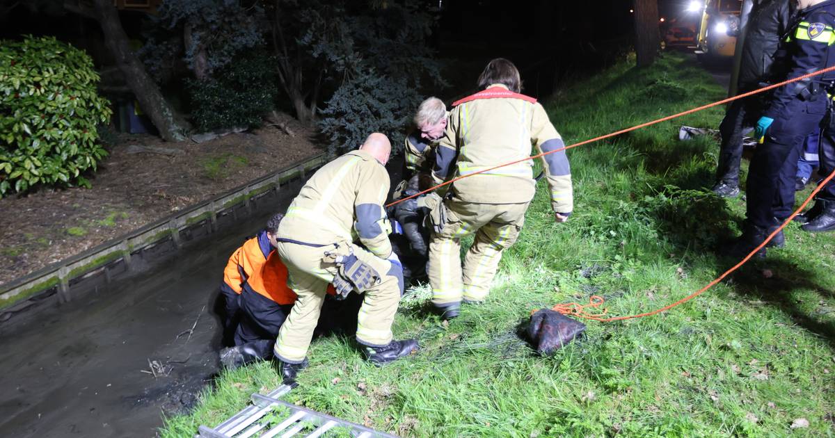 Dronken stel tuimelt sloot in en blijft vast zitten in de modder ...