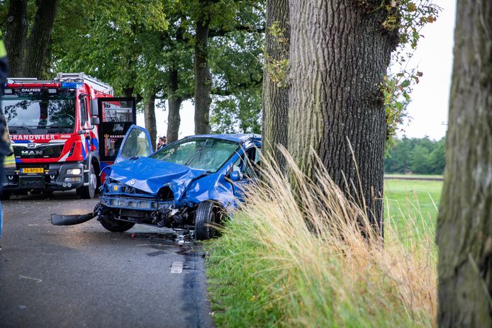Vrouw knalt met haar auto tegen een boom in Dalfsen en moet gewond uit haar voertuig worden ...
