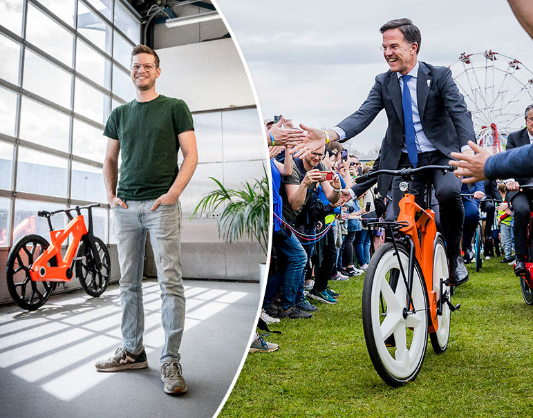 Mark Rutte rijdt op knaloranje plastic fiets van Johannes: ‘Mijn ...