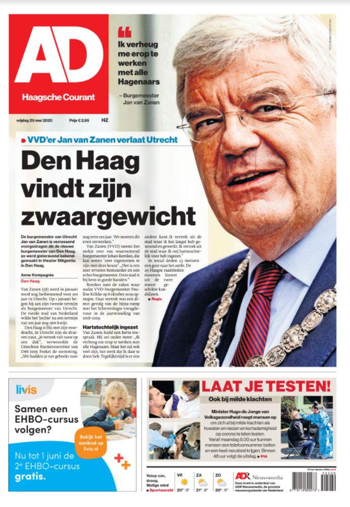AD Haagsche Courant pakt uit met komst van Jan van Zanen naar Den Haag ...