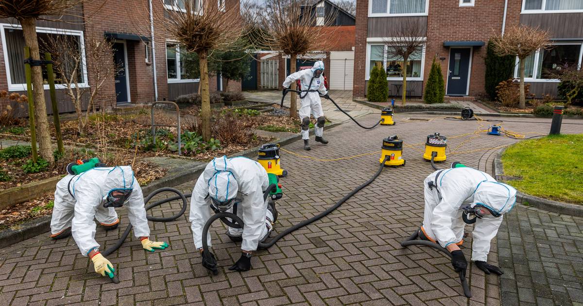 Mannen in witte pakken zuigen de straten schoon in Vroomshoop, want ...