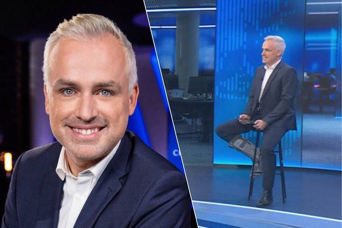 Maarten Breckx presenteert sportnieuws met loopgips na achillespees ...