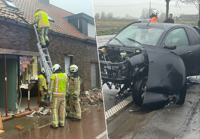 Auto vliegt uit bocht en belandt tegen woning in Dikkebus, automobilist ...