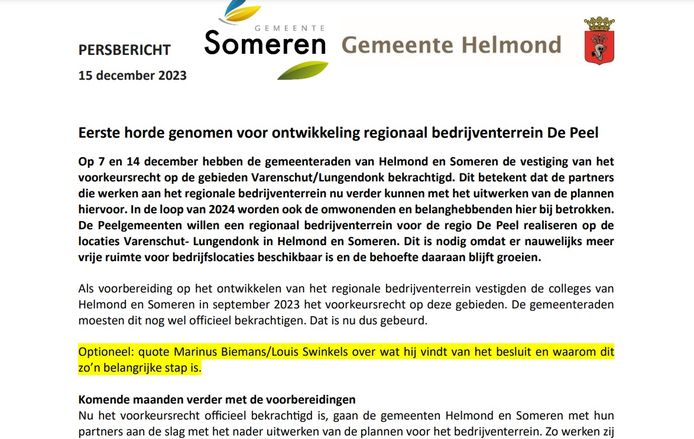 Peelgemeenten lijken zeker van hun zaak: persbericht over groen licht ...