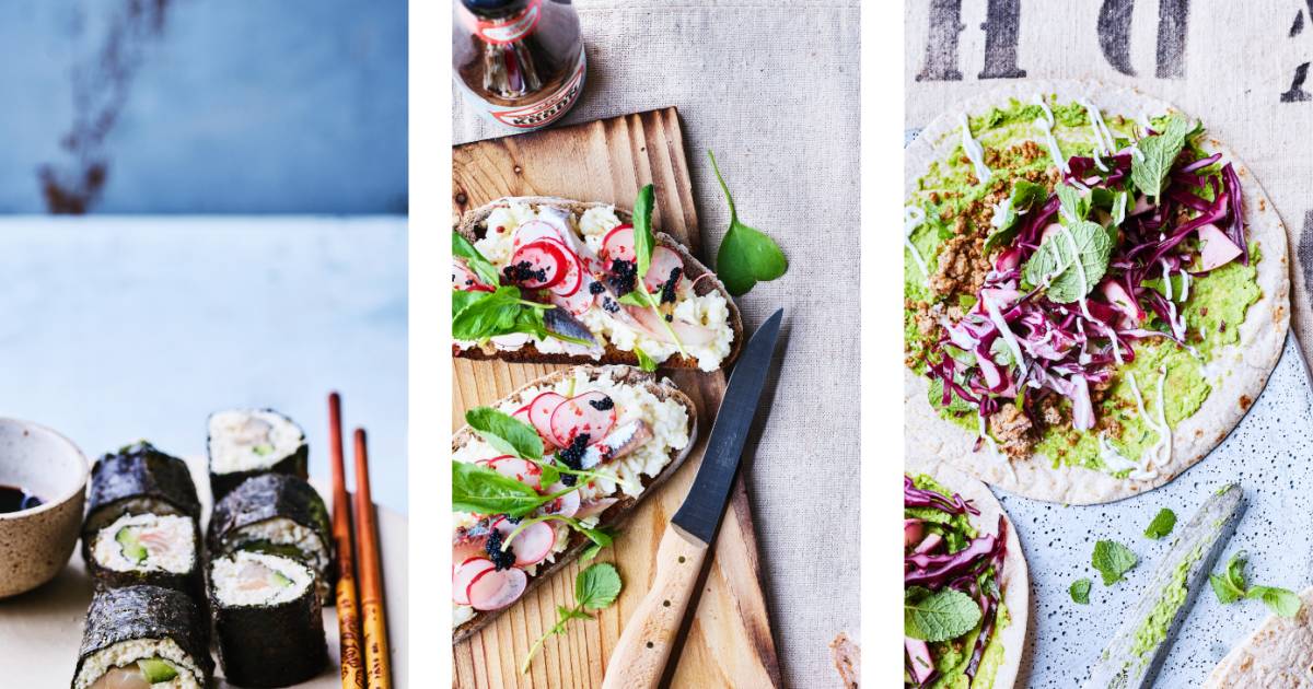 Proef eens sushi van hier, smørrebrød met haring en lokale guacamole ...