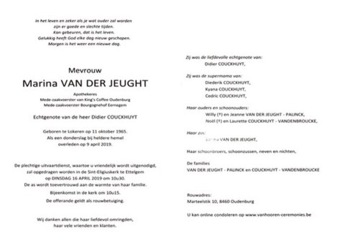 Onderneemster Marina Van Der Jeught wordt dinsdag begraven in Ettelgem ...
