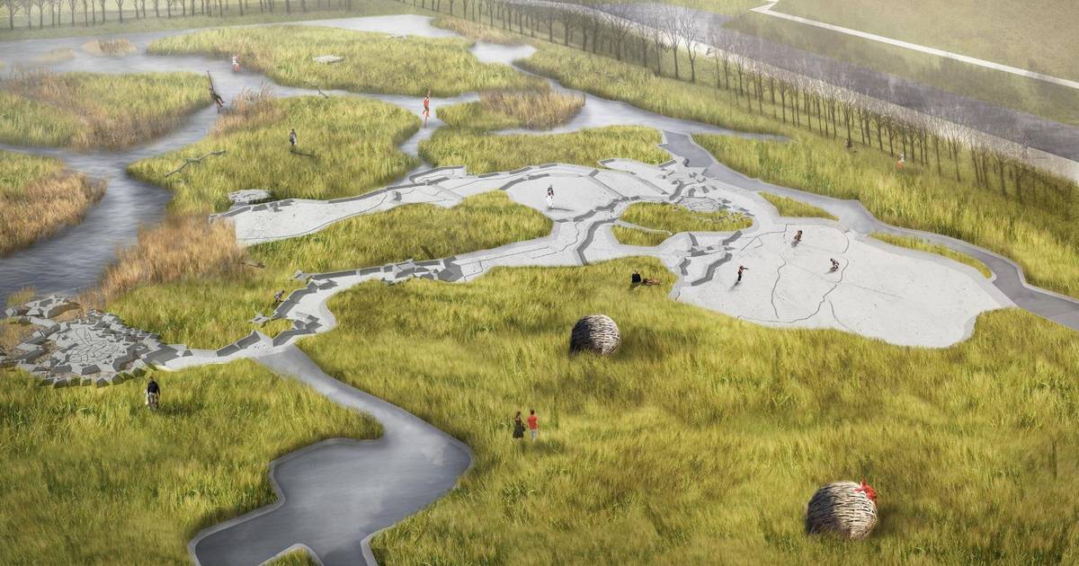 Eenvoudige waterspeelplaats bij de Waterschans, streep door waterpark ...