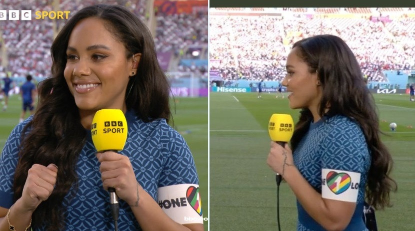 L’ancienne joueuse et consultante pour la BBC Alex Scott porte le brassard “One Love” avant ...