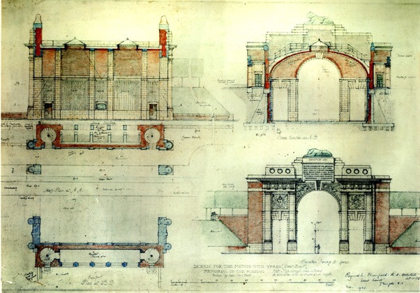 Menenpoort omhuld met originele schets architect Reginald Blomfield ...