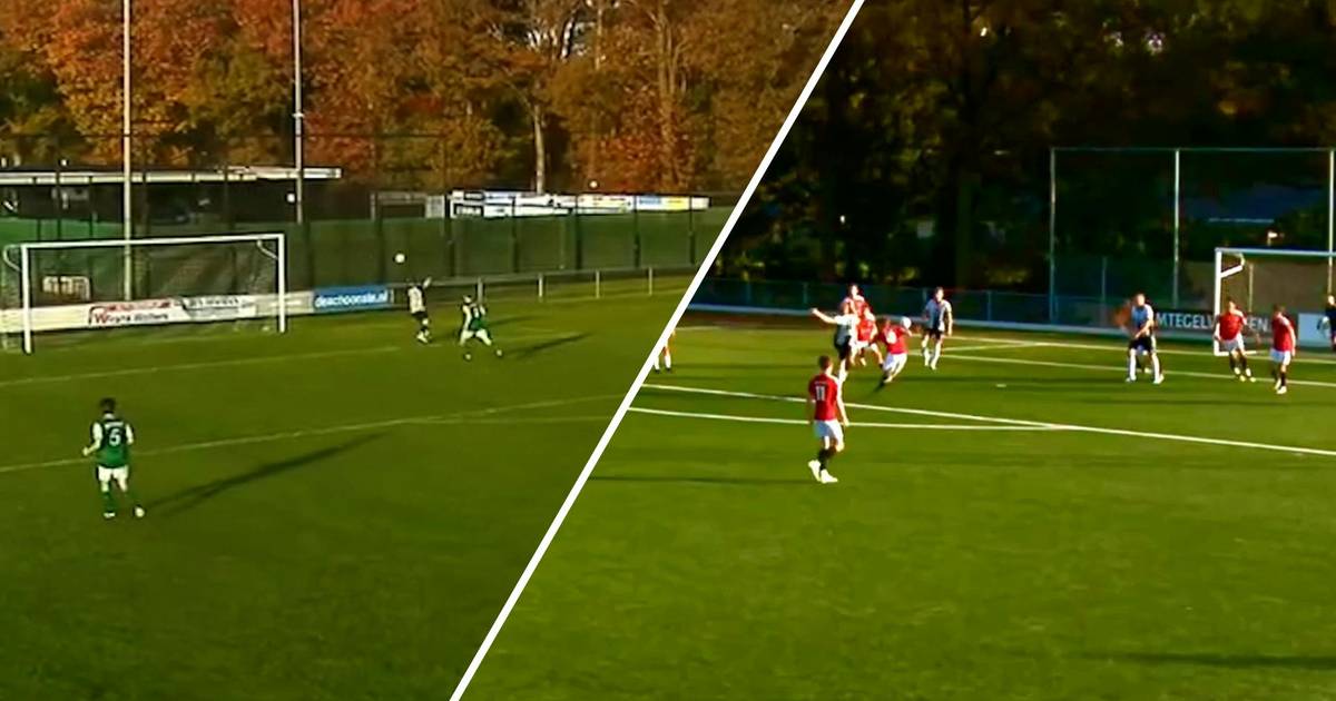 In de herhaling: SV Rijssen-speler Rick Bruggink schiet vrije trap in ...