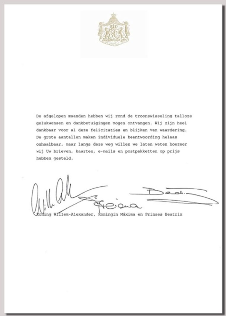 Koningspaar en Beatrix bedanken Nederland in brief | Het Parool