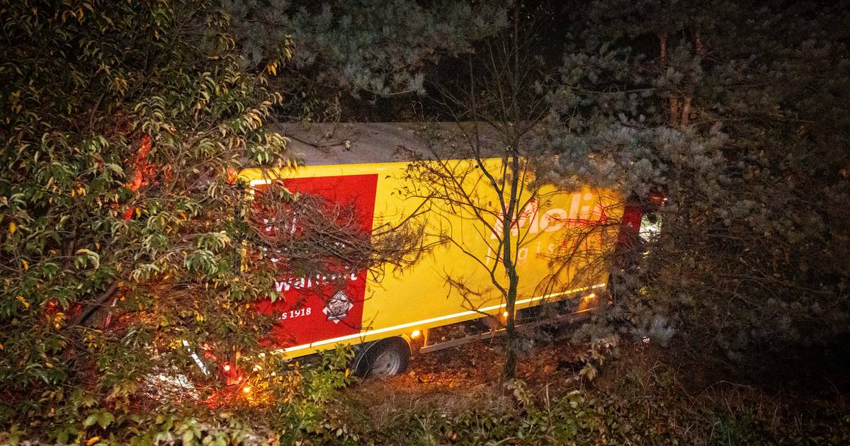 Vrachtwagen raakt van weg af en komt tot stilstand bij boom langs A12 ...
