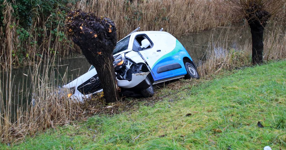 Bestelbus rijdt van dijkje, knalt tegen boom en belandt in water aan de Glacis in Gorinchem ...