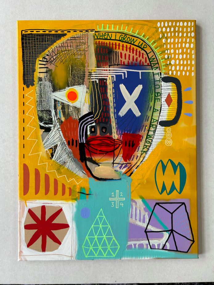 Een mix van popart, straatkunst en grafisch ontwerp kenmerkt het werk ...