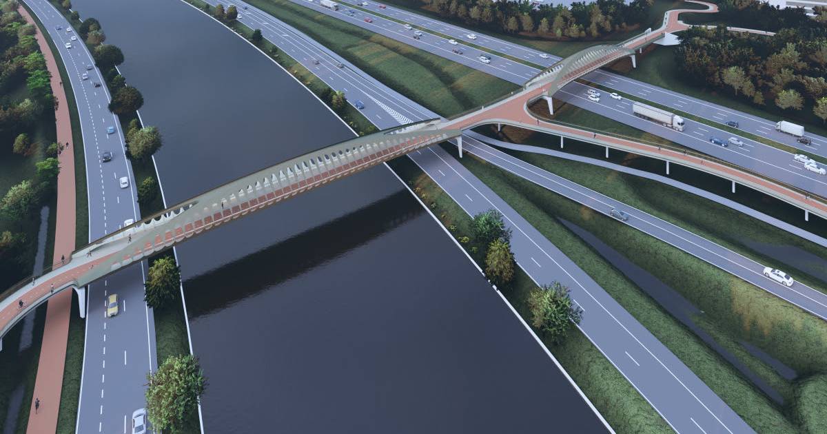 Zo moet de nieuwe fietsbrug over E40 en R4 in Zwijnaarde eruitzien: werken starten in 2025 ...