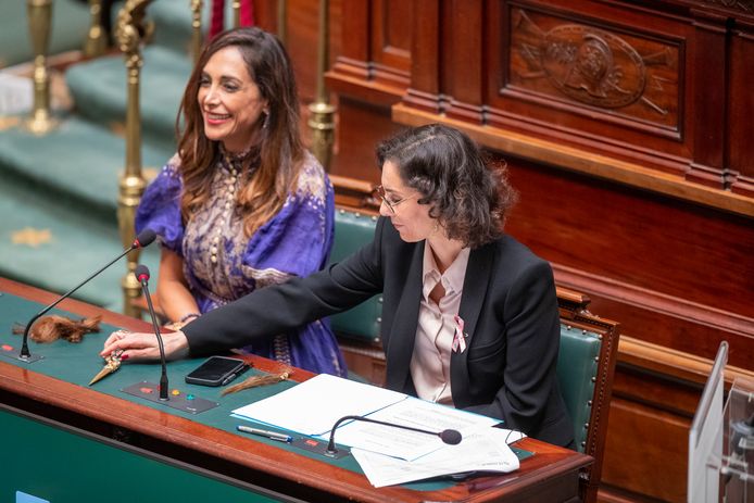 La députée Darya Safai et la ministre Hadja Lahbib se coupent une mèche de cheveux en soutien ...