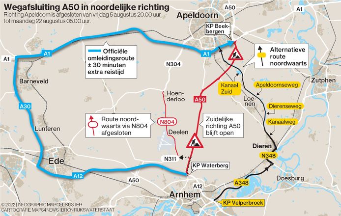 A50 tussen Arnhem en Apeldoorn voor ruim twee weken dicht; vertraging ...