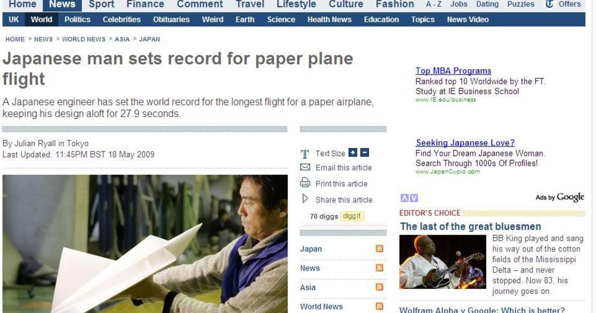 Japanner zet langste vlucht met papieren vliegtuig neer | Bizar | hln.be