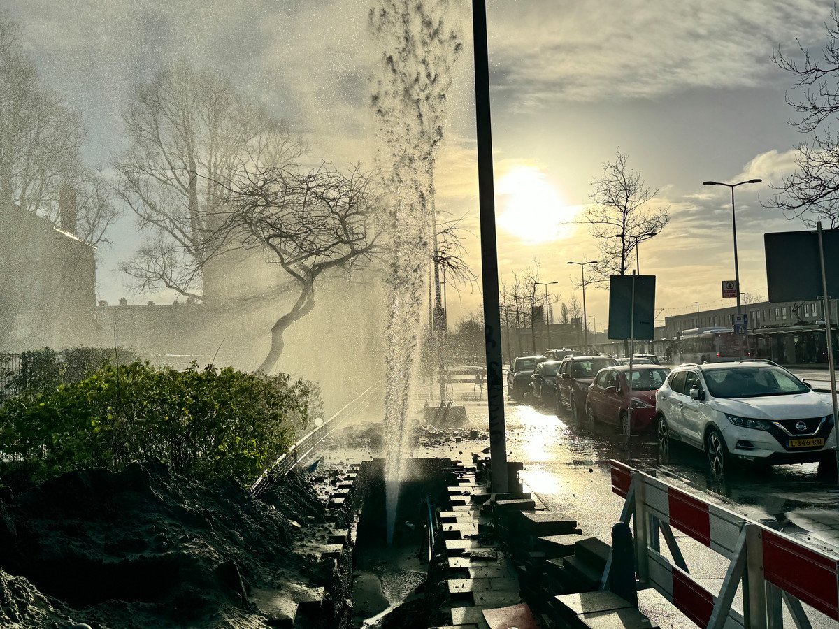 Gesprongen waterleiding zorgt voor waterballet op Leyweg | Foto | AD.nl