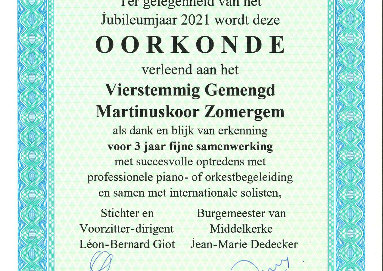 Martinuskoor Zomergem ontvangt oorkonde voor 3-jarige samenwerking met ...