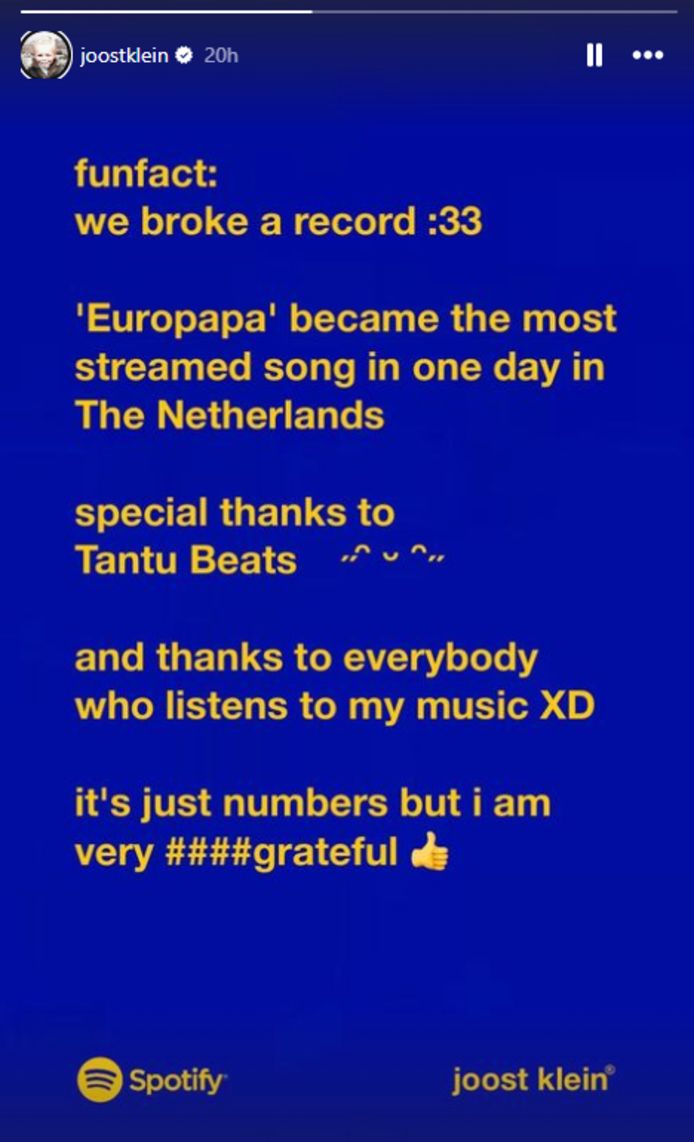 Joost Klein scoort met songfestivalnummer ‘Europapa’ meteen record op Spotify | Muziek | hln.be