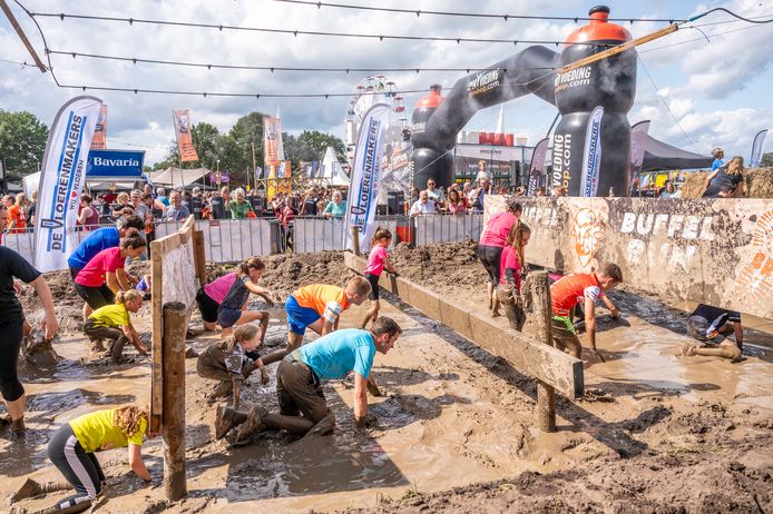 Wie helpt nu wie door het modderbad? Kalfjesparcours bij Buffelrun is ...
