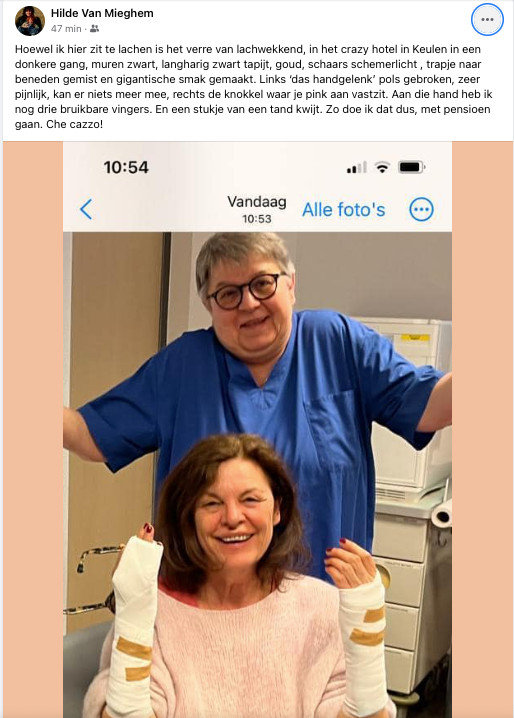 Hilde Van Mieghem in het gips na val van trapje in hotel: “Ik heb een ... Hilde Van Mieghem in het gips na val van trapje in hotel: “Ik heb een ...
