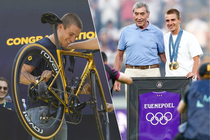 Eerst een gouden cadeau, dan een paars-wit uit handen van Eddy Merckx ...