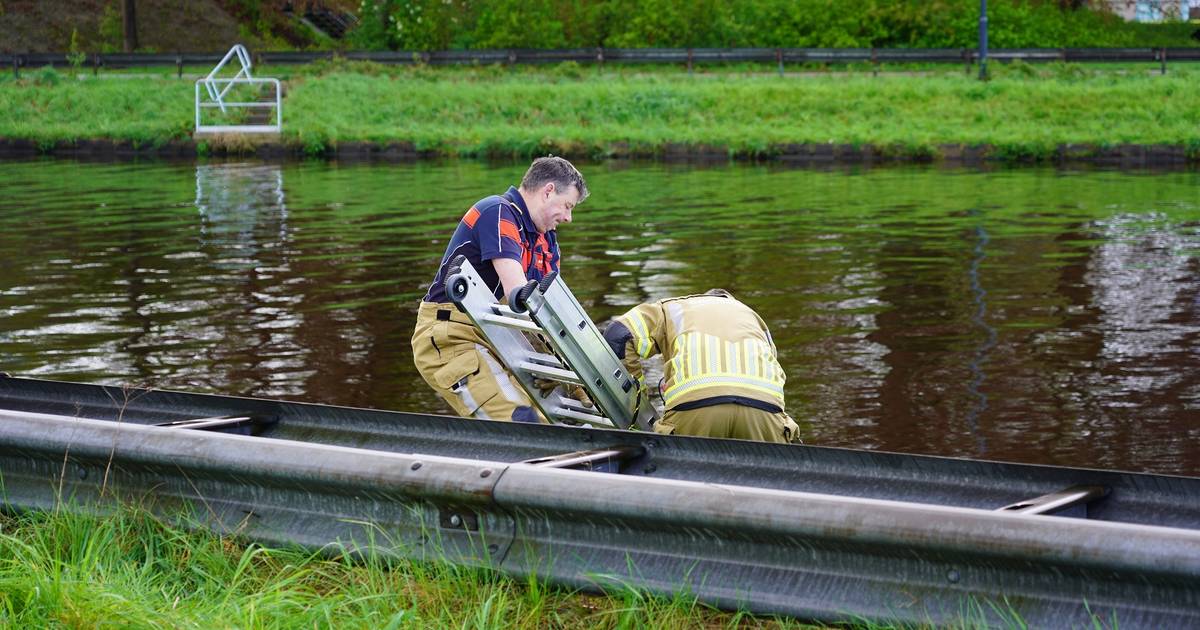 Hulpdiensten redden drenkeling uit het Wilhelminakanaal in Oosterhout, kinderen zien het ...