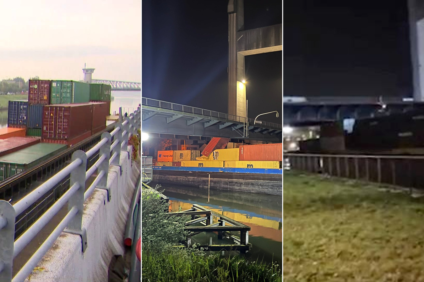 Zelfde containerschip vaart voor derde keer tegen brug op kanaal tussen ...