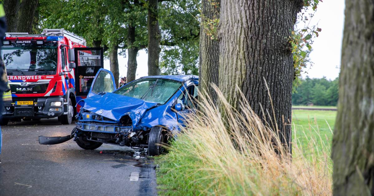 Vrouw knalt met haar auto tegen een boom in Dalfsen en moet gewond uit haar voertuig worden ...