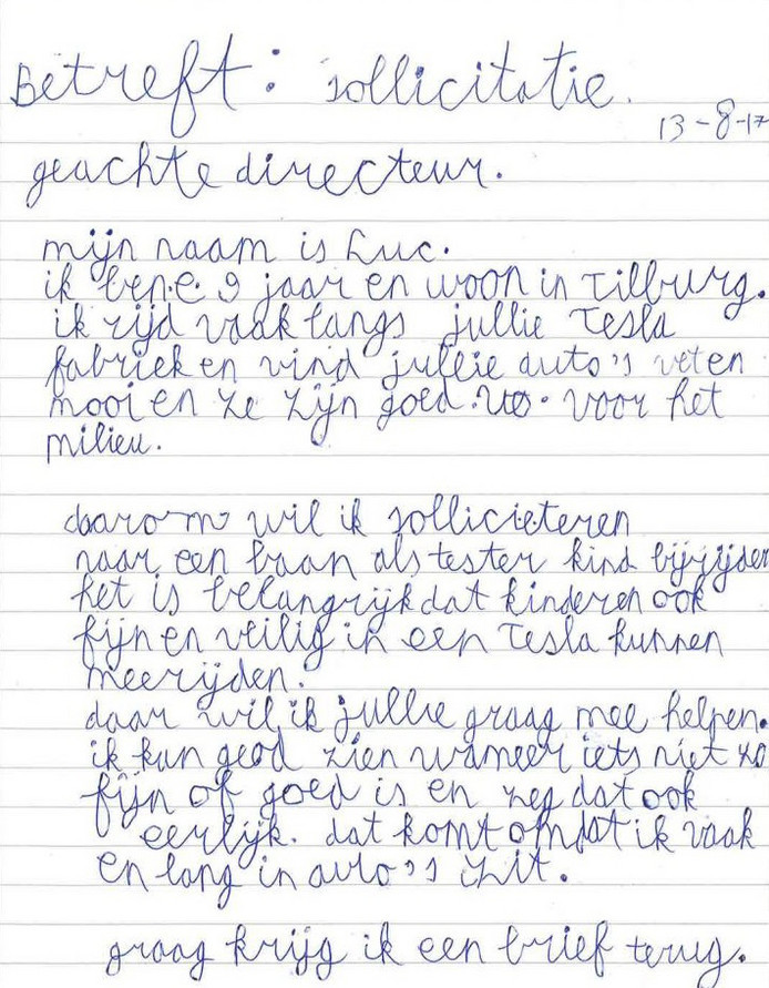 Droom komt uit voor 9-jarige Luc na sollicitatie bij Tesla | Foto | AD.nl