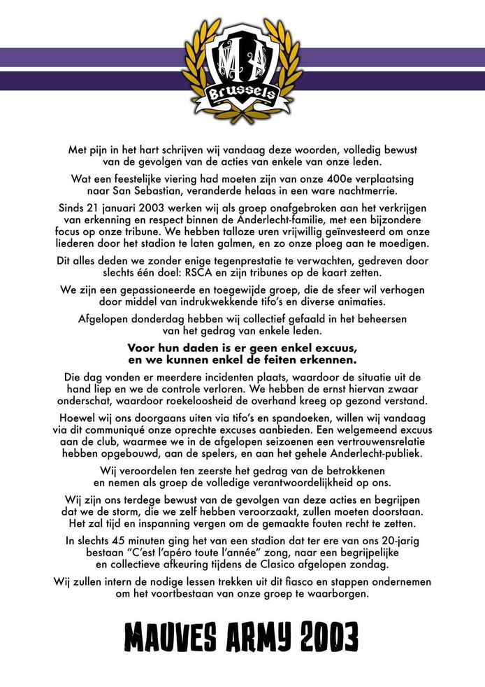 “Moeten lessen trekken uit dit fiasco”: Anderlecht-fanclub Mauves Army ...