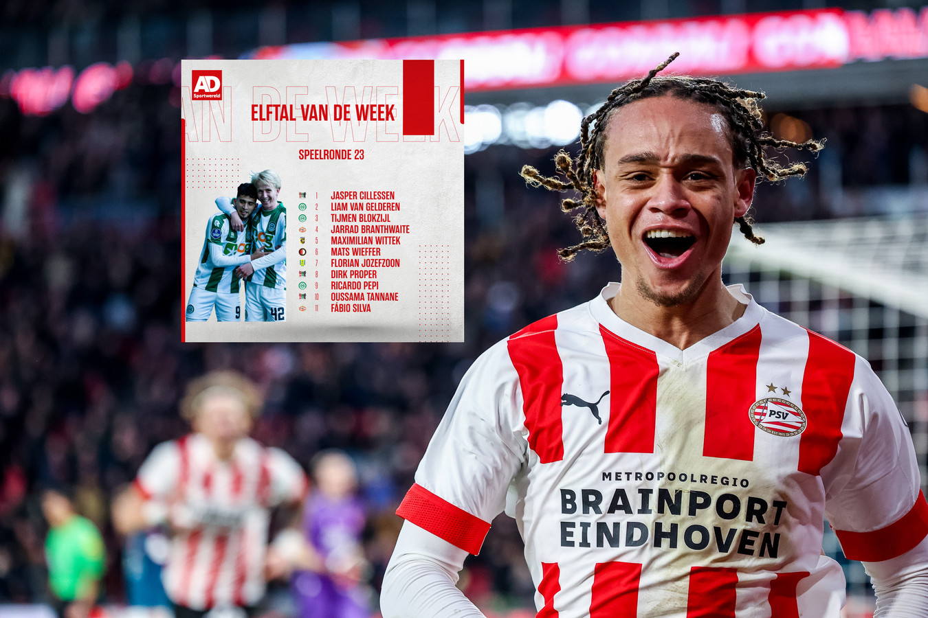 Xavi Simons klimt richting Lars Unnerstall, drie spelers van FC ... Xavi Simons klimt richting Lars Unnerstall, drie spelers van FC ...